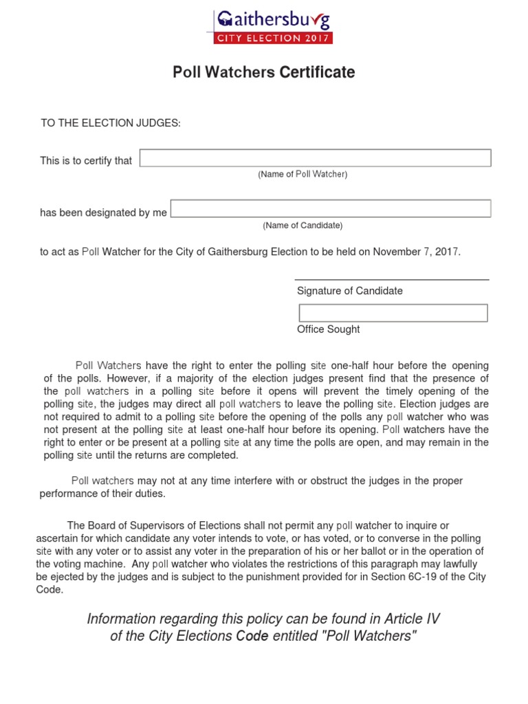 Election Issues - Poll Watchers Certificate | PDF