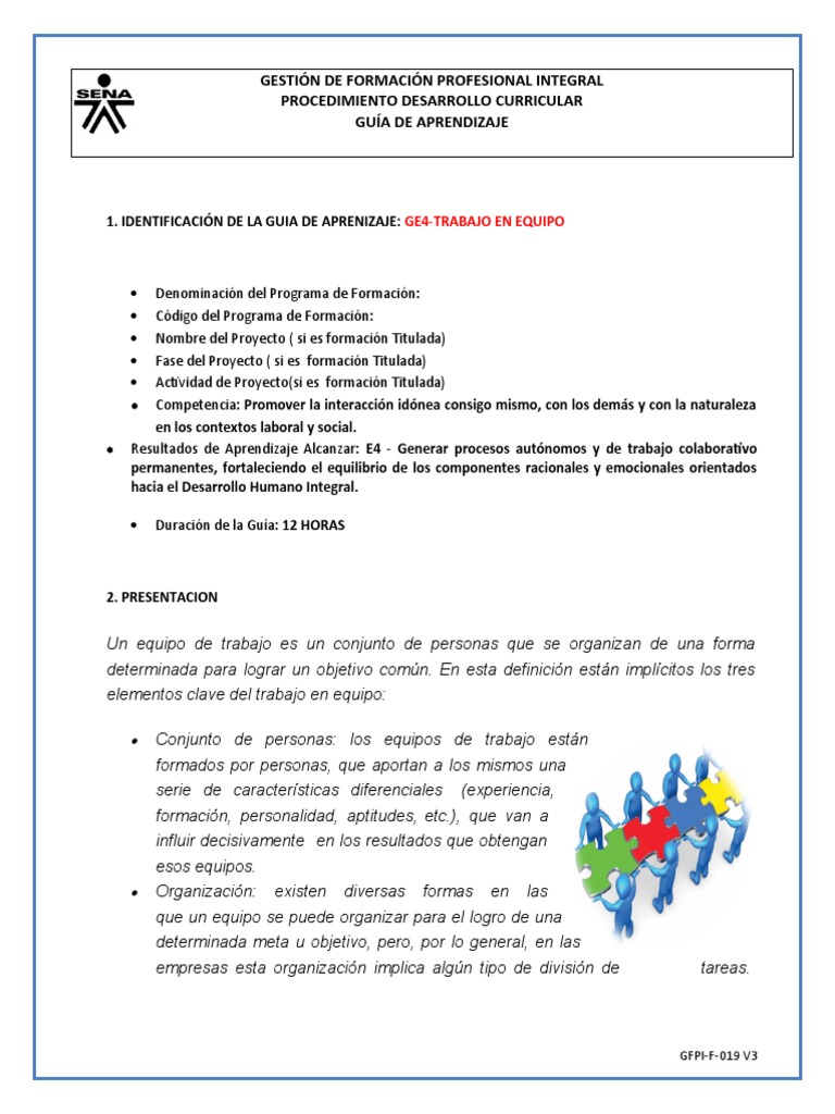 GFPI F 019 TRABAJO EN EQUIPO Desescolarizada I PARTE | PDF | Aprendizaje | Liderazgo