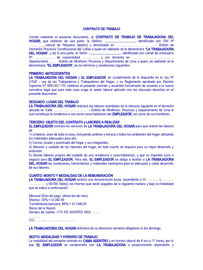 Modelo Contrato de Trabajo Empleada Del Hogar | PDF | Trabajadora doméstica | Derecho laboral