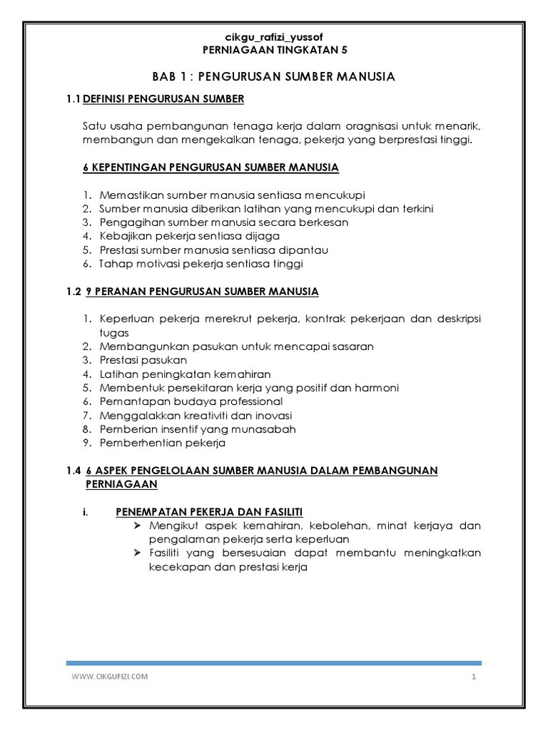 Nota Ringkas Bab 1 Pengurusan Sumber Manusia Tingkatan 5 PERNIAGAAN | PDF