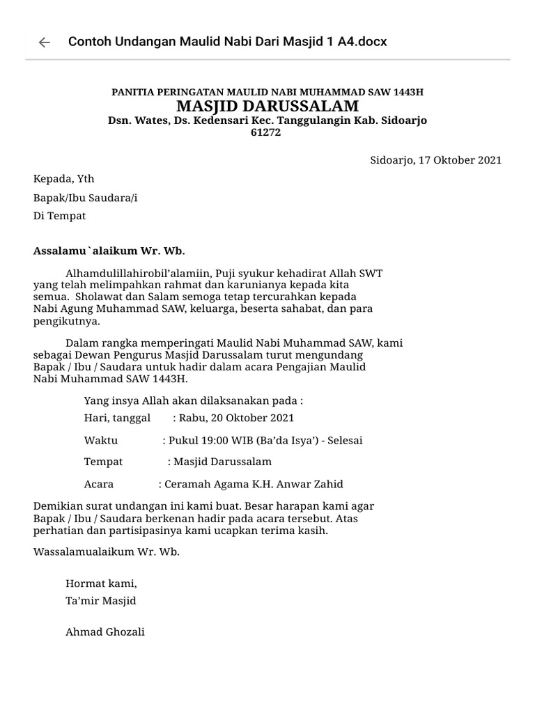 Contoh Undangan Maulid Nabi Dari Masjid 1 A4 | PDF