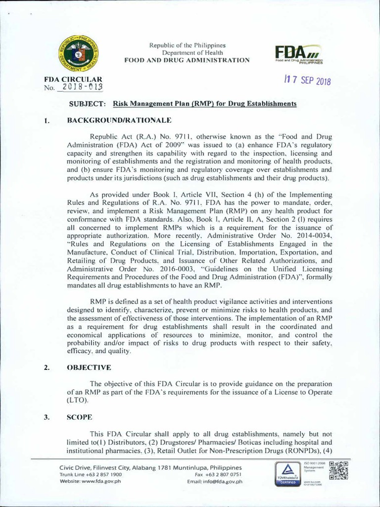 FDA Circular No. 2018 013 | PDF | Food And Drug Administration | Risk ...