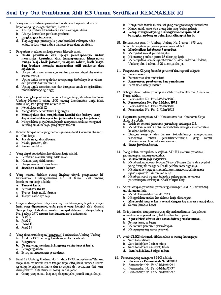 Soal Try Out Pembinaan Ahli K3 Umum Sertifikasi KEMNAKER RI | PDF