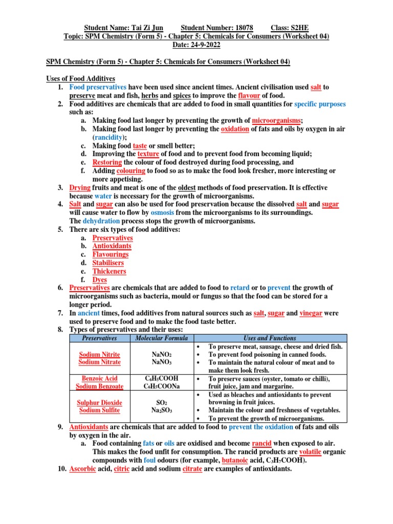 SPM Chemistry (Form 5) - Chapter 5 - Chemicals For Consumers (Worksheet 04) | PDF | Foods | Food ...