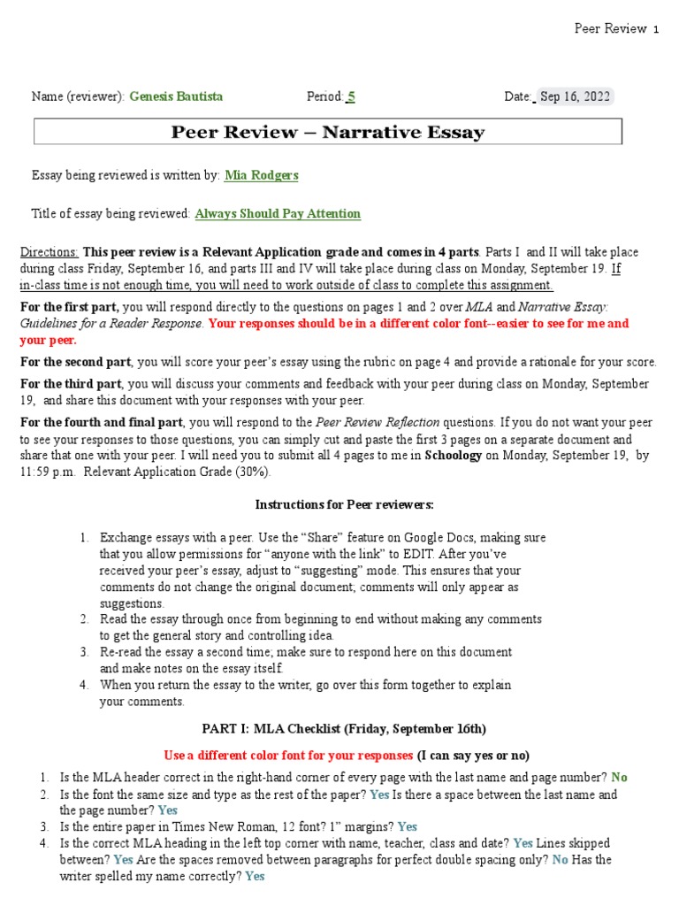 Peer Review Guide for Narrative Essays | PDF | Essays | Narration