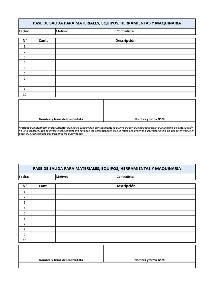 Pase salida materiales equipos herramientas | PDF