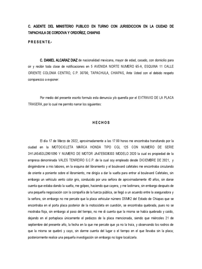 Denuncia de Extravio de Placa | PDF