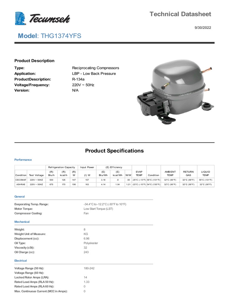 Technical Specifications and Performance Data Sheet for Reciprocating ...