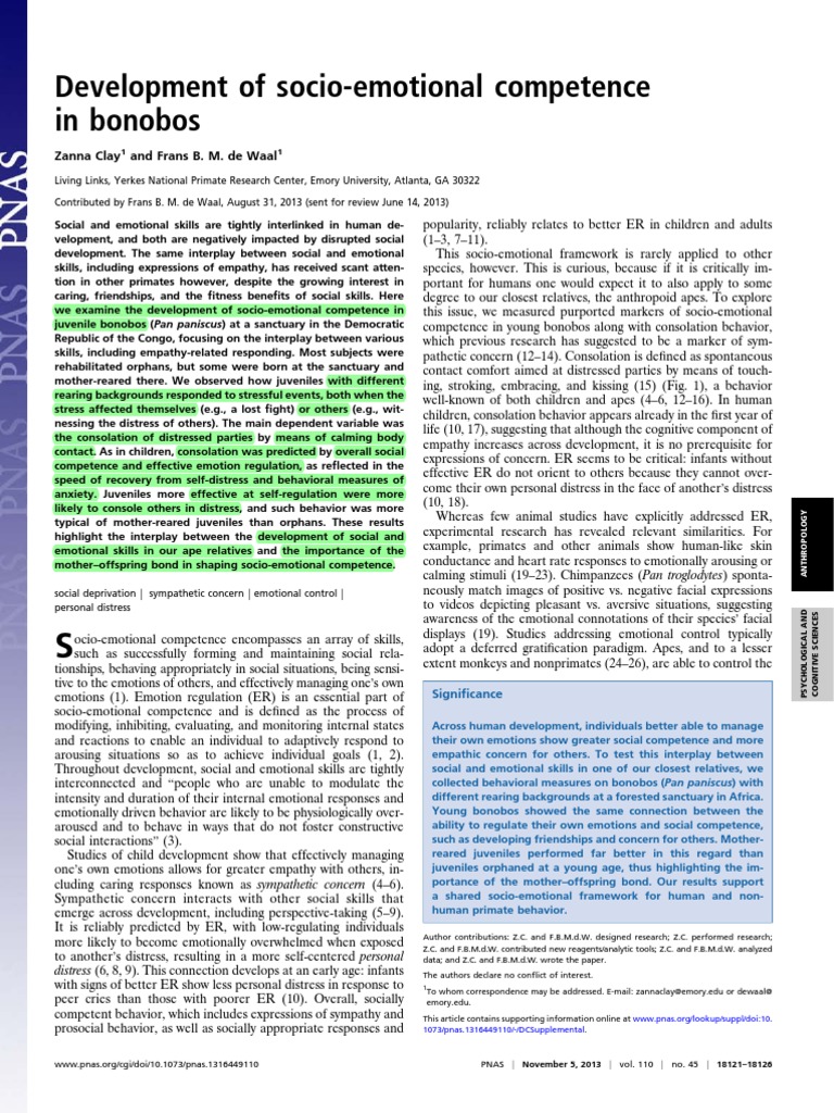 Development of Socio-Emotional Competence in Bonobos | PDF | Empathy ...