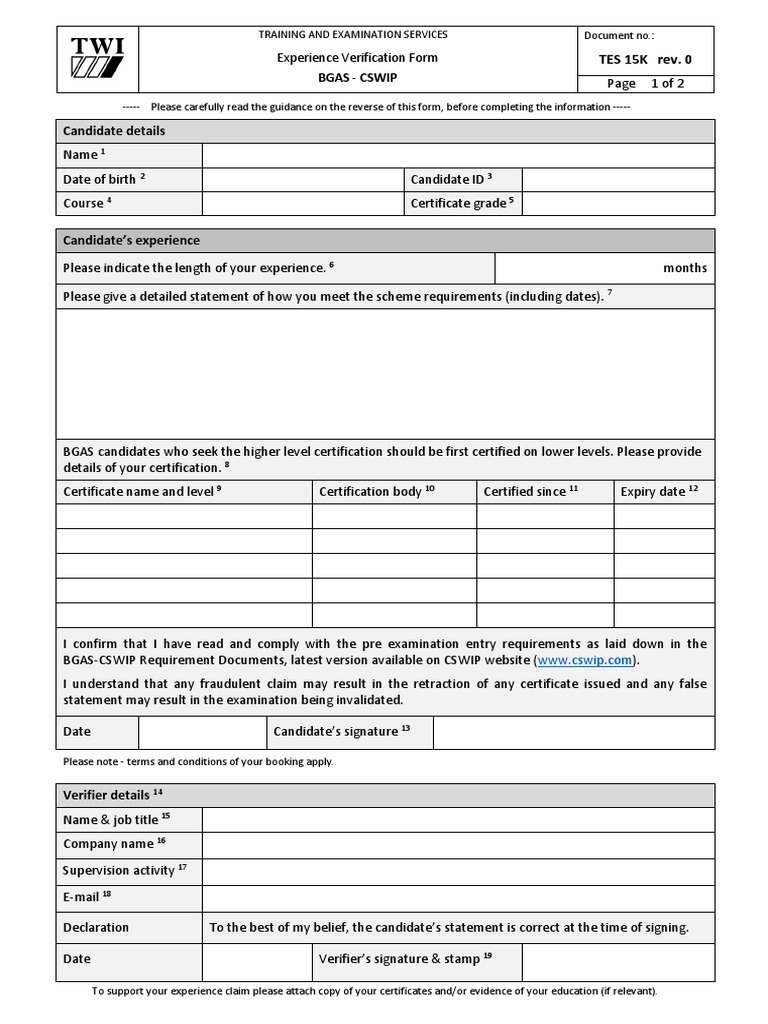 BGAS-CSWIP Experience Verification Form | PDF | Signature | Experience