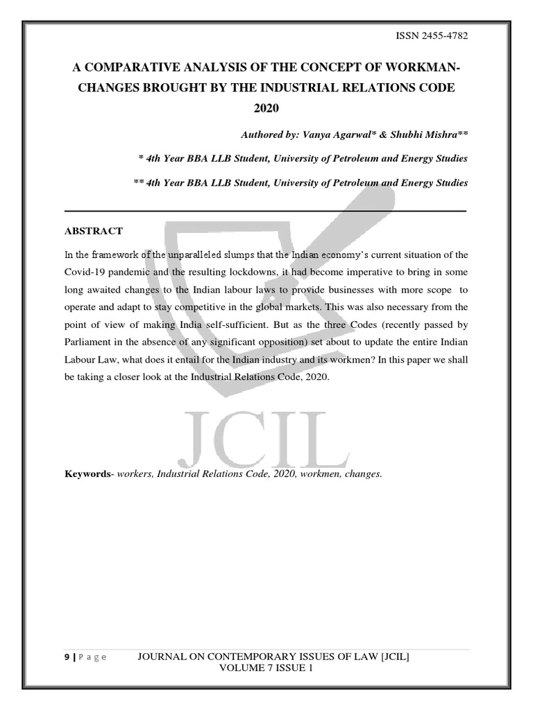 A Comparative Analysis of The Concept of Workman Changes Brought by The Industrial Relations ...
