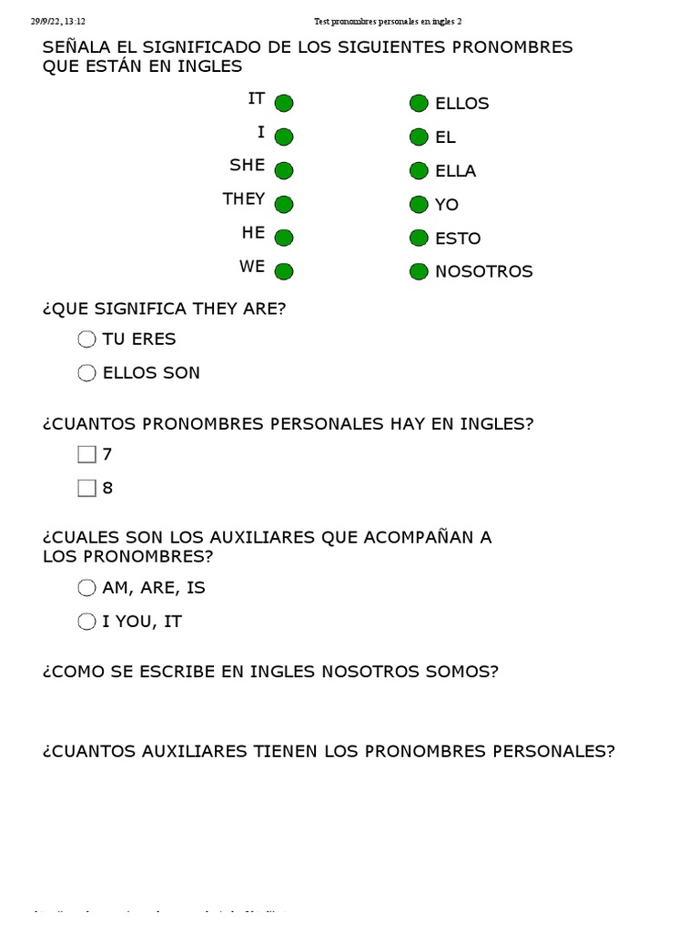 Test Pronombres Personales en Ingles 2 | PDF