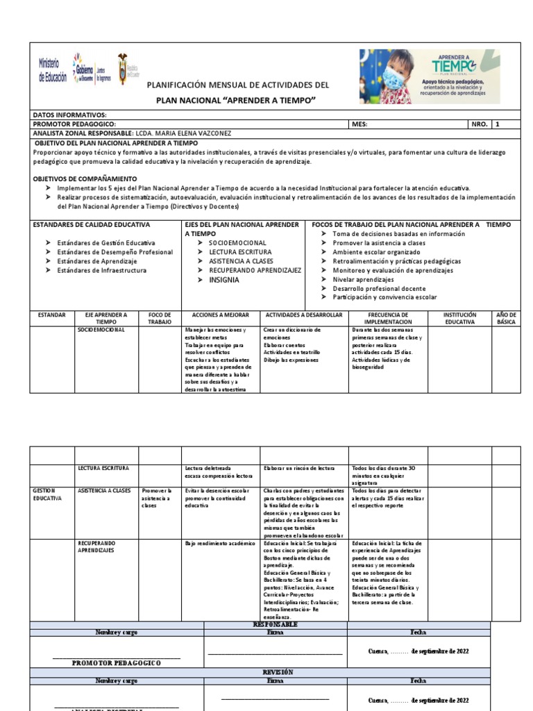 Planificación Mensual de Actividades Del Plan Nacional Aprender A ...