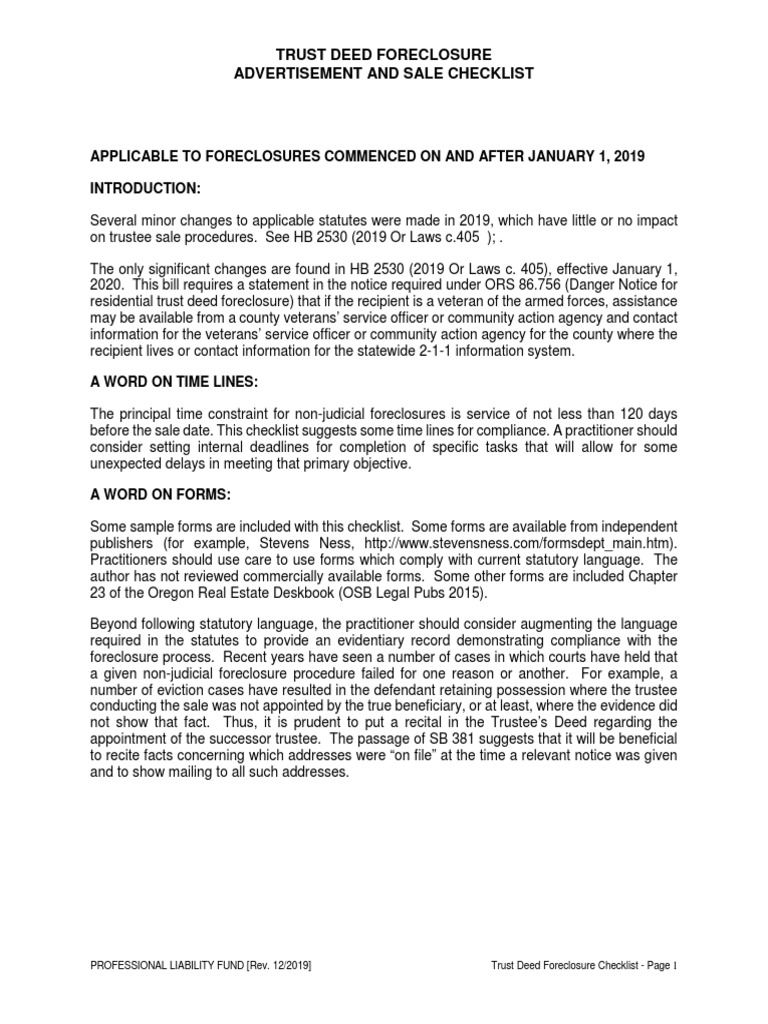 Trust Deed Foreclosure Checklist and Sample Documents | PDF