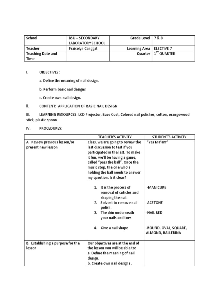 Detailed Lesson Plan | Download Free PDF | Nail (Anatomy) | Cognition