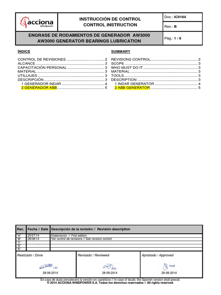 Instrucción de Control Control Instruction Engrase de Rodamientos de Generador Aw3000 Aw3000 ...