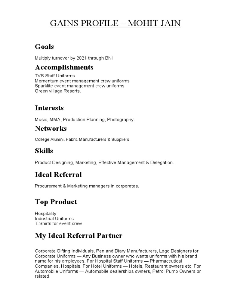 BNI Gains Profile: Mohit Jain | PDF