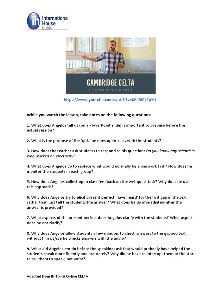 CELTA Teaching Techniques Analysis | PDF | Behavior Modification | Cognition