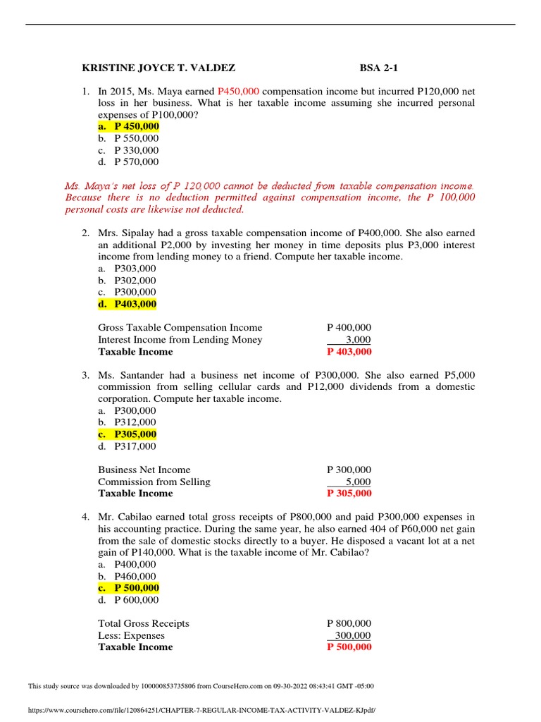 Income Tax Computation Exercises | PDF | Gross Income | Income