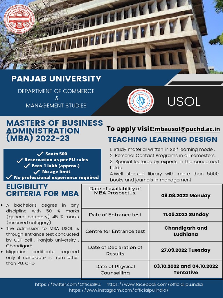 Panjab University: Masters of Business Administration (MBA) 2022-23 | PDF | Master Of Business ...