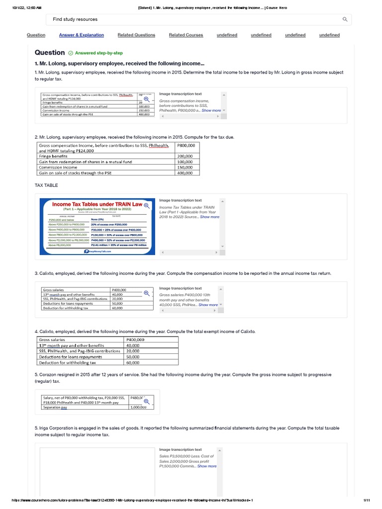 (Solved) 1. Mr. Lolong, Supervisory Employee, Received The Following Income... - Course Hero ...