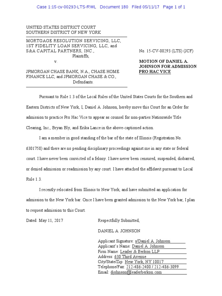 (15-00293 180) MOTION For Daniel A. Johnson To Appear Pro Hac Vice | Download Free PDF ...