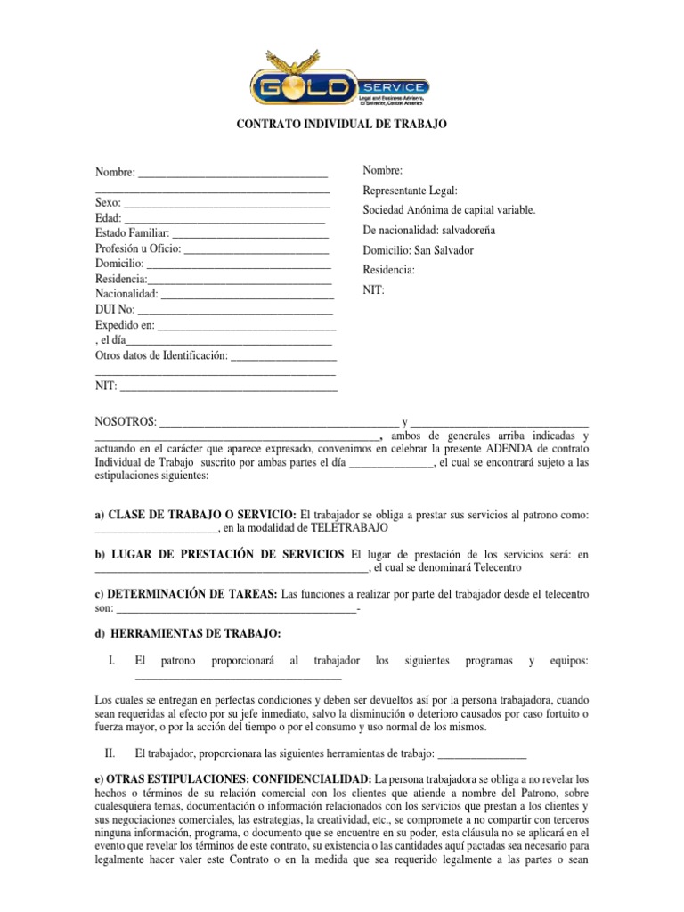 Modelo de Adenda de Teletrabajo para Contrato Individual de Trabajo ...