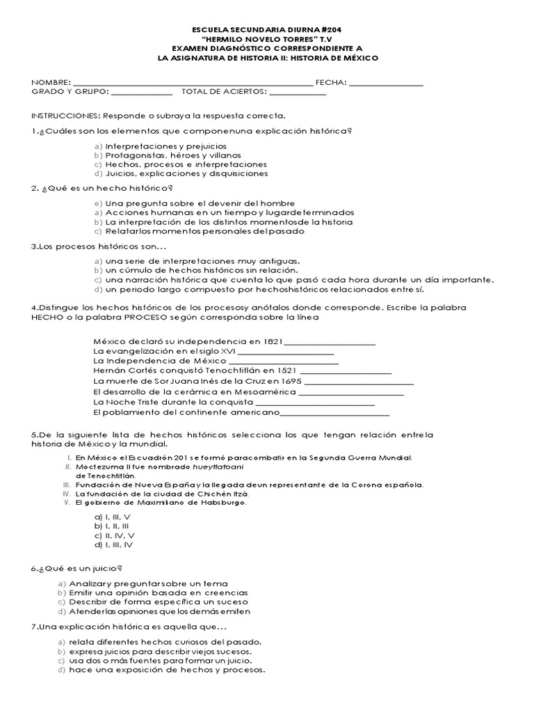 Examen Diagnóstico Historia 3ro-2 | PDF | México | America latina