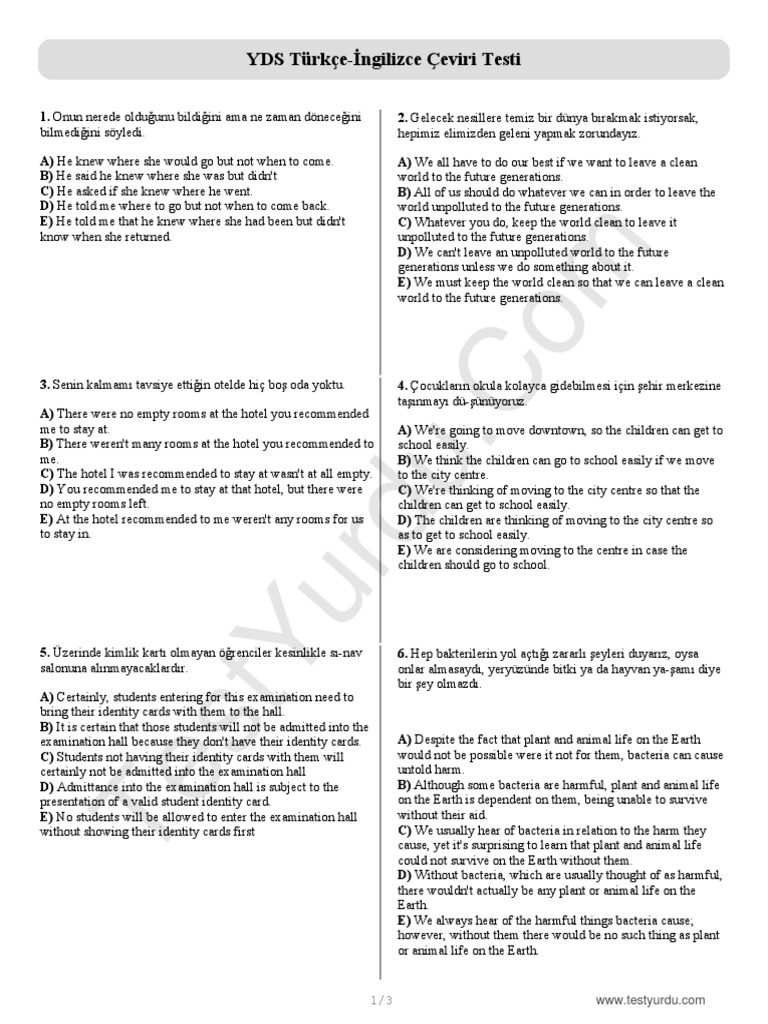 Yds Turkce Ingilizce Ceviri Testi | PDF