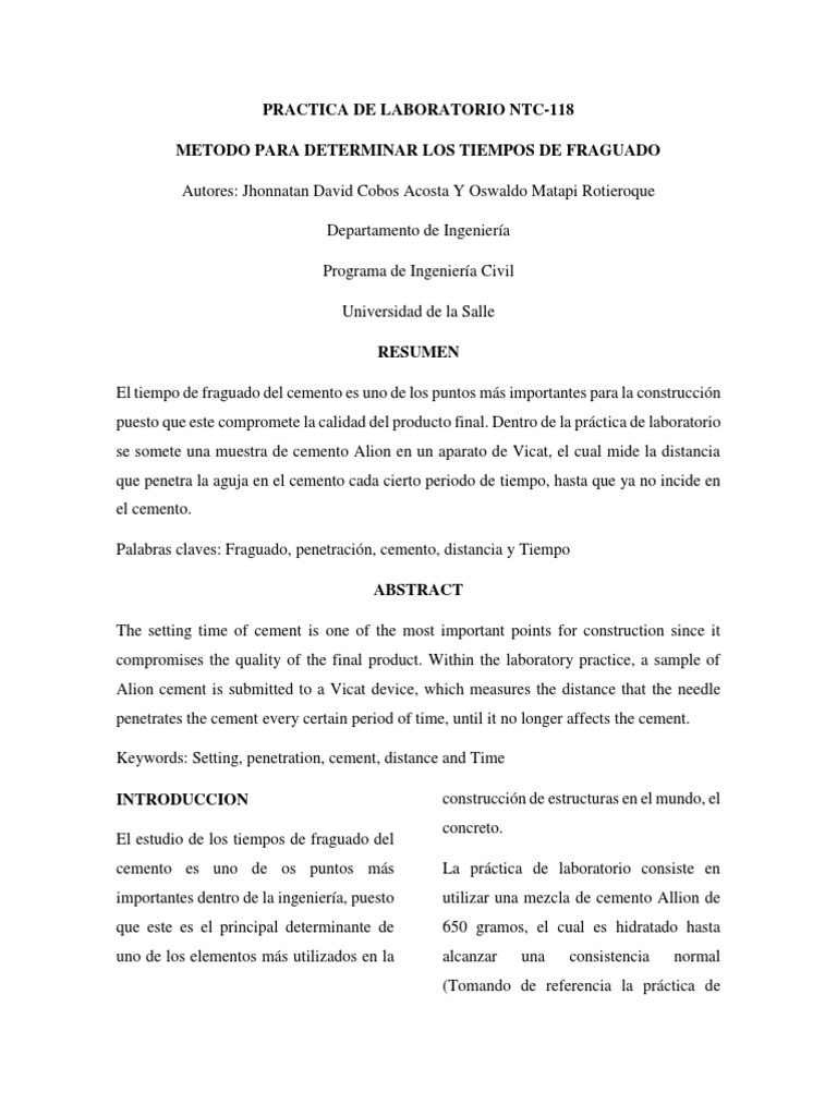 Practica de Laboratorio NTC 118 | PDF | Cemento Practica de Laboratorio NTC 118 | PDF | Cemento