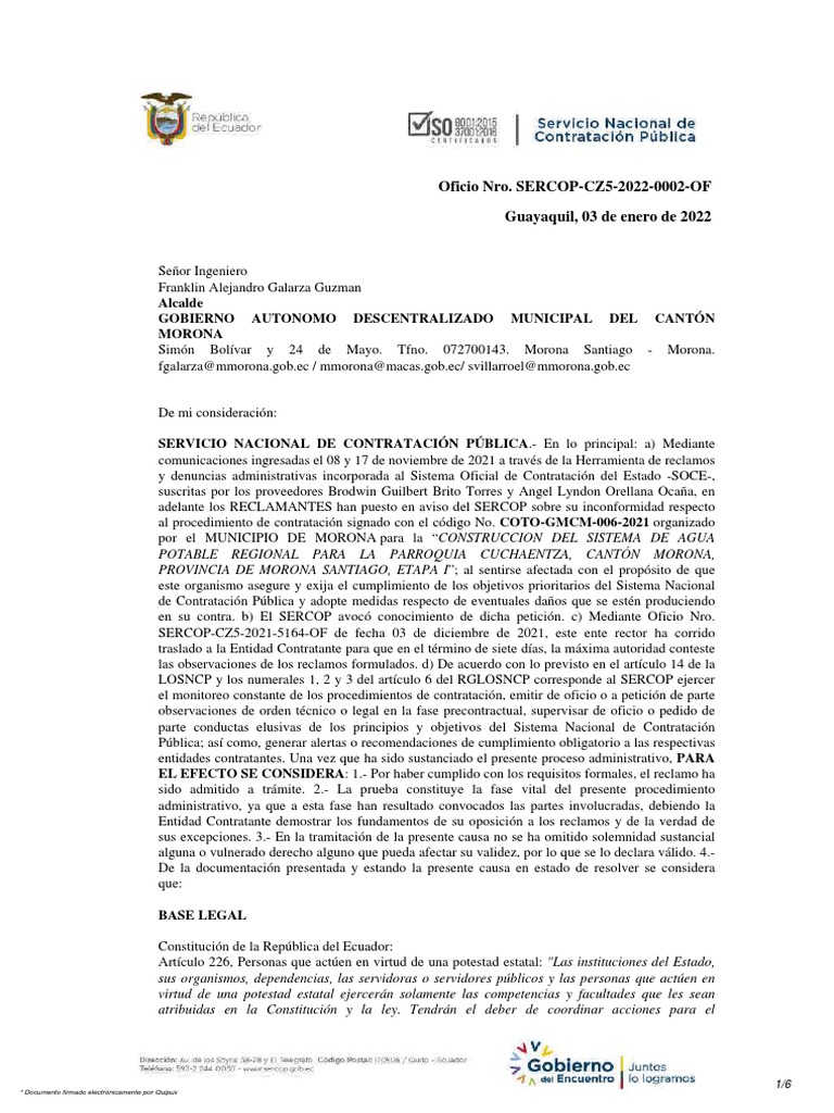 Oficio SERCOP sobre reclamos a contratación municipal | PDF | Administración Pública | Calidad ...