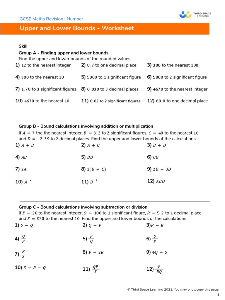 Upper and Lower Bounds Third Space Learning GCSE Worksheet | PDF | Significant Figures | Area