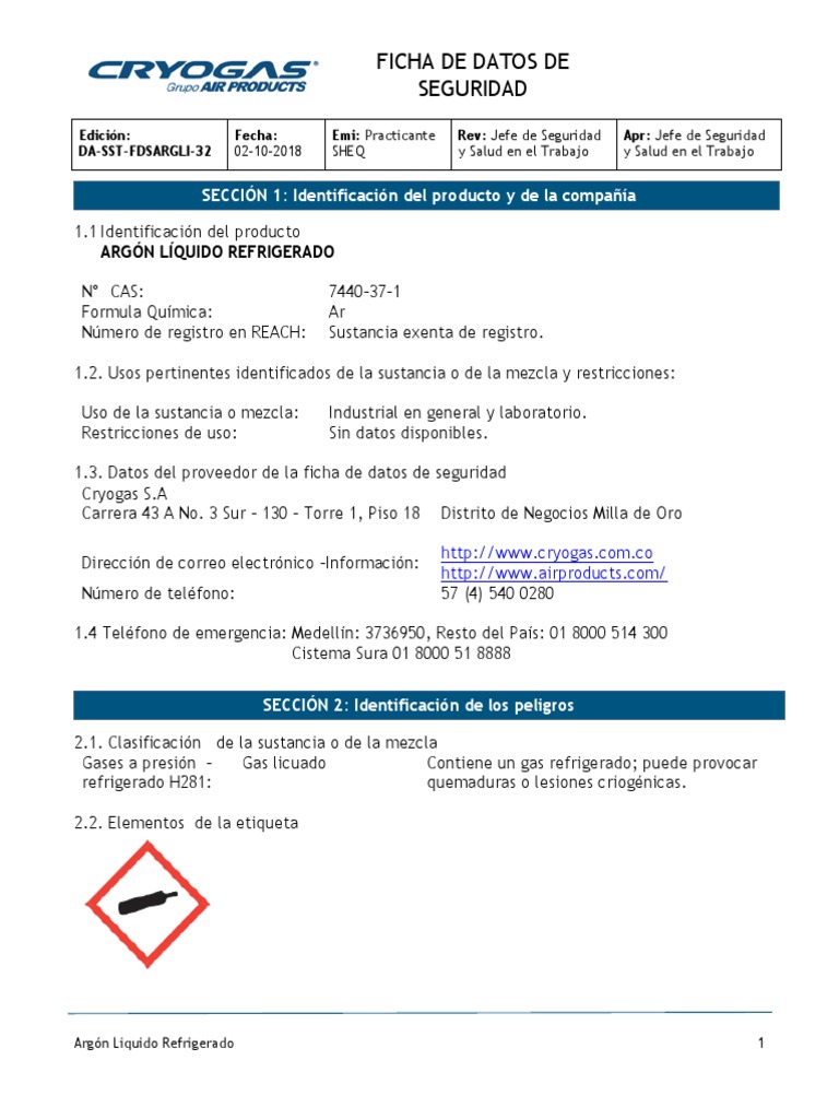 MSDS-Argón Líquido | PDF | Agua | Oxígeno