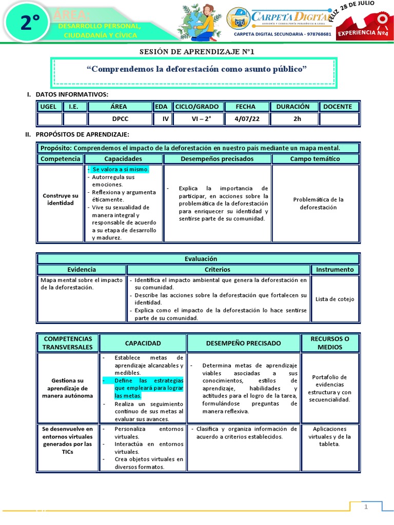 2° Sesión de Aprendizaje Sesión1-Sem.1-Exp.4-Dpcc | PDF | Aprendizaje | Deforestación