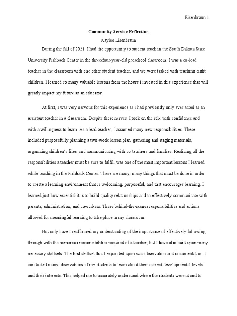 Community Service Reflection | PDF | Teachers | Learning