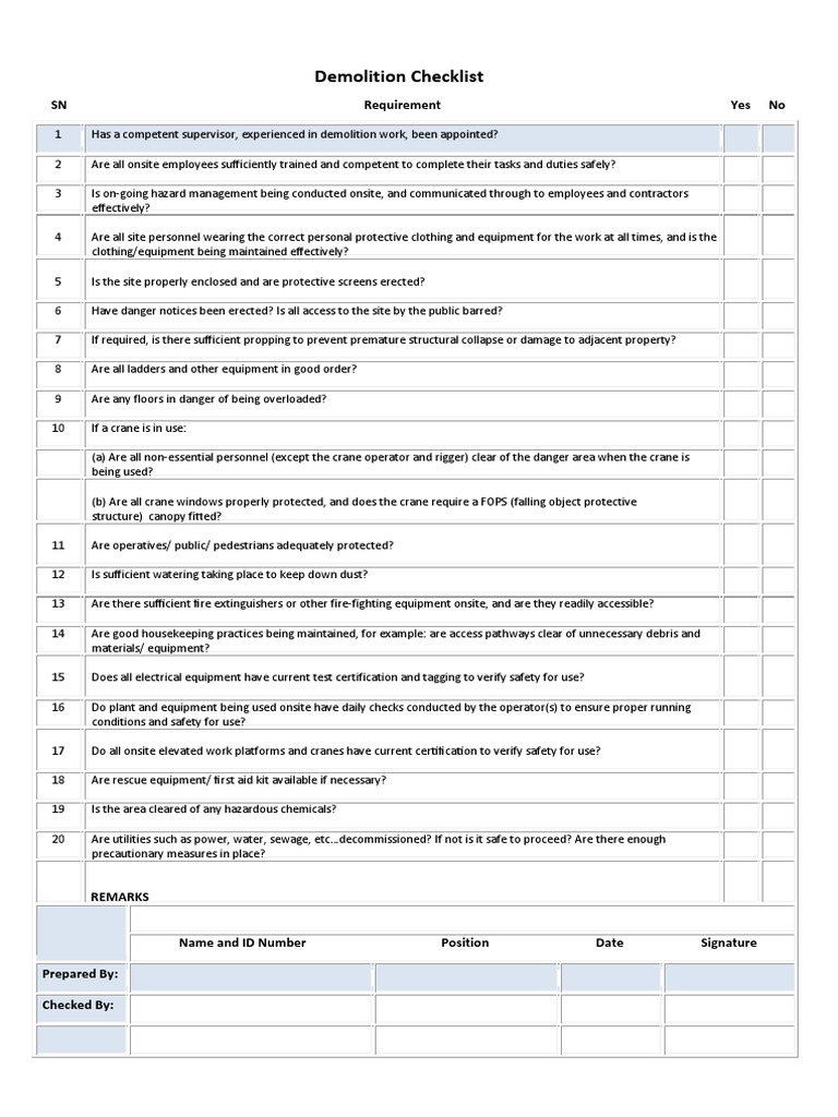 Demolition Checklist | PDF | Demolition | Firefighting