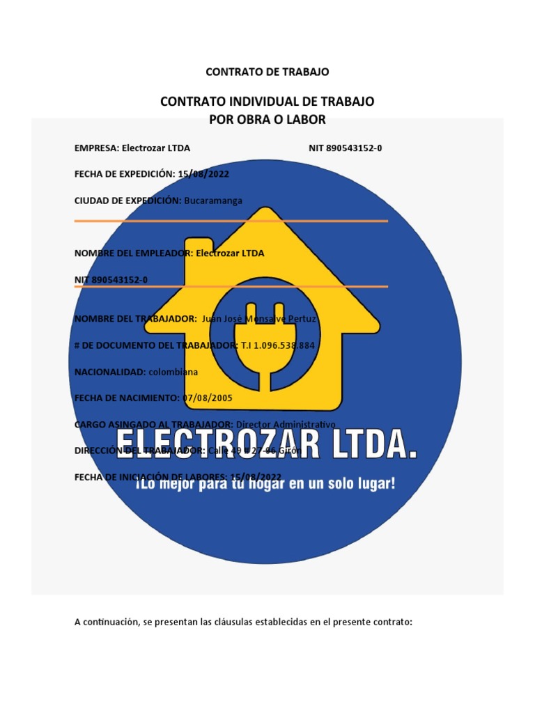 Contrato de Trabajo Por Obra o Labor | PDF | Derecho laboral | Salario