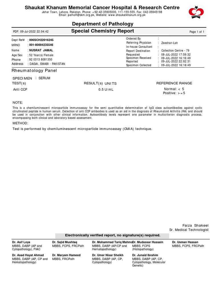 Rheumatology Panel: Serum U/mL Normal: 5 Anti CCP 0.5 | PDF | Diseases ...