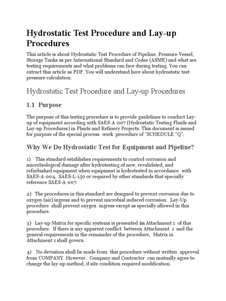 Hydrostatic Test Procedure and Lay-Up Procedures | PDF | Stainless ...