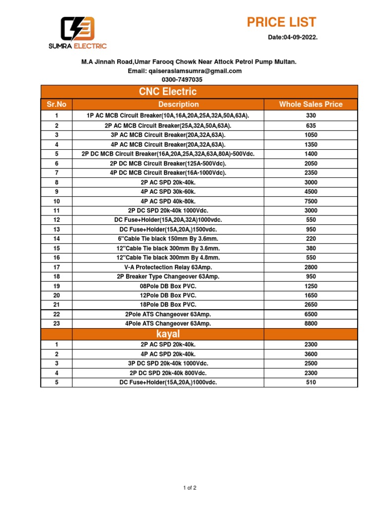 Sumra Electric Price List 04-09-2022. | PDF | Equipment | Wire
