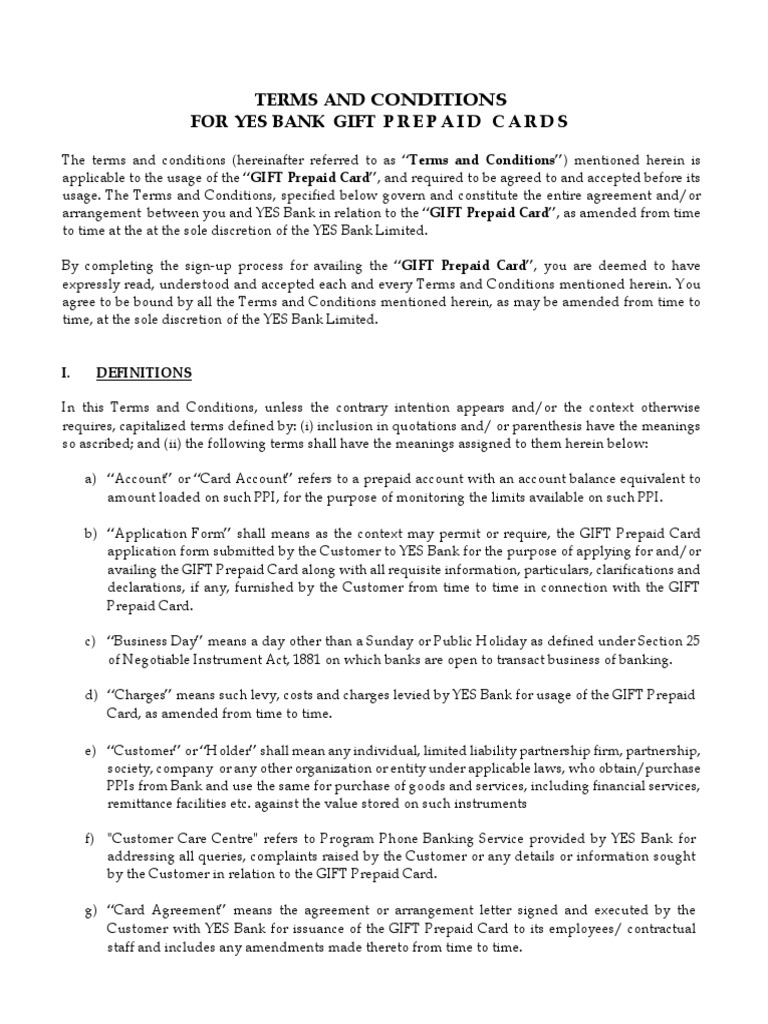 YES Bank Gift Prepaid Card Terms | PDF | Debit Card | Credit Card