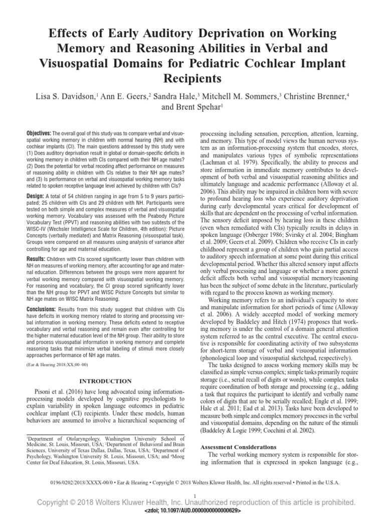 Davidson Et Al. 2018 Effects Auditory Deprivation On WM and Reasoning Verbal and Visuospatial ...