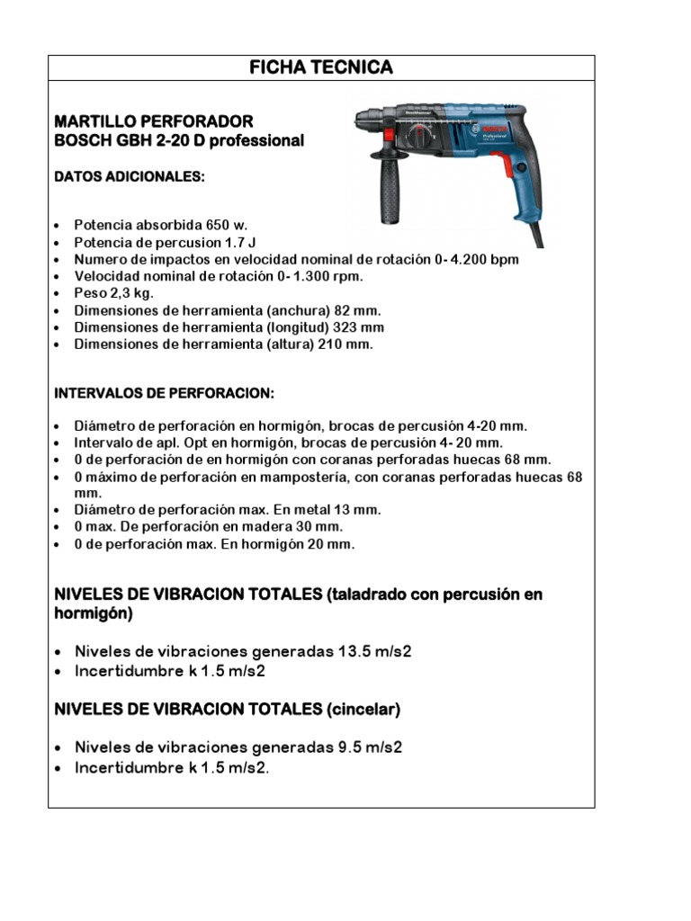 Ficha Tecnica Rotomartillo Bosch | PDF Ficha Tecnica Rotomartillo Bosch | PDF