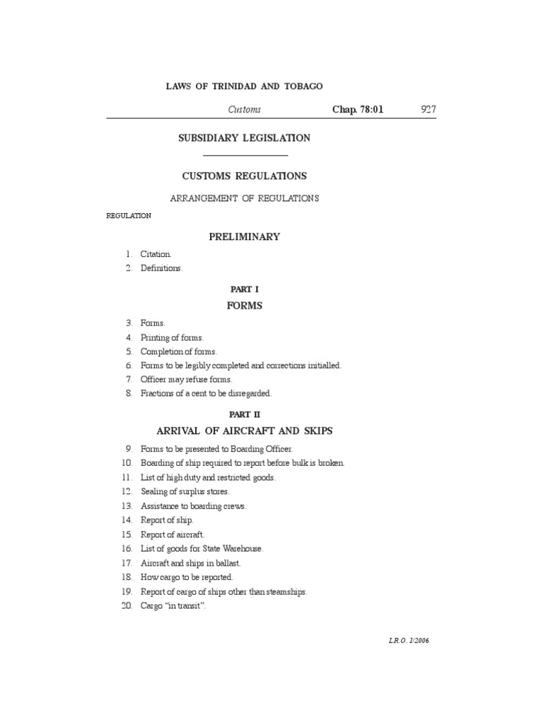 Customs Regulations Subsidiary Legislation 78.01 | PDF | Customs | Cargo