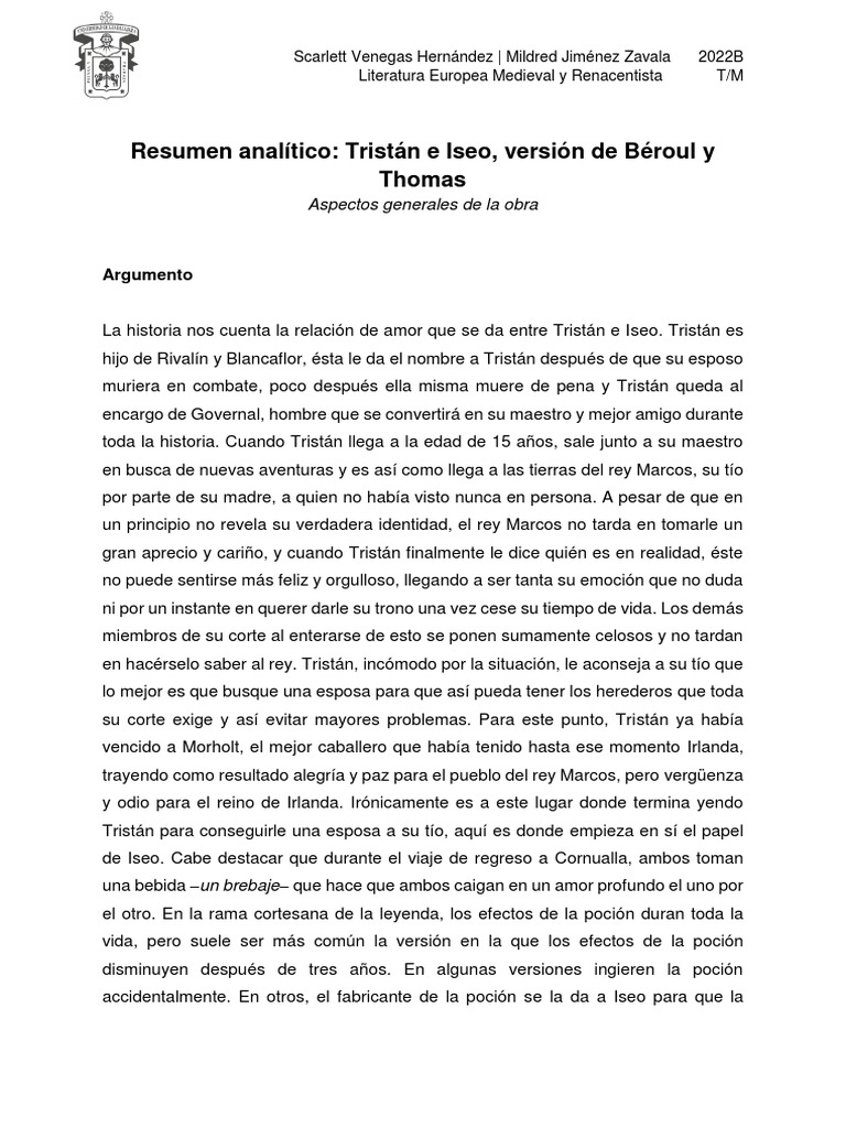 Análisis de Tristán e Iseo de Béroul | PDF | Amor