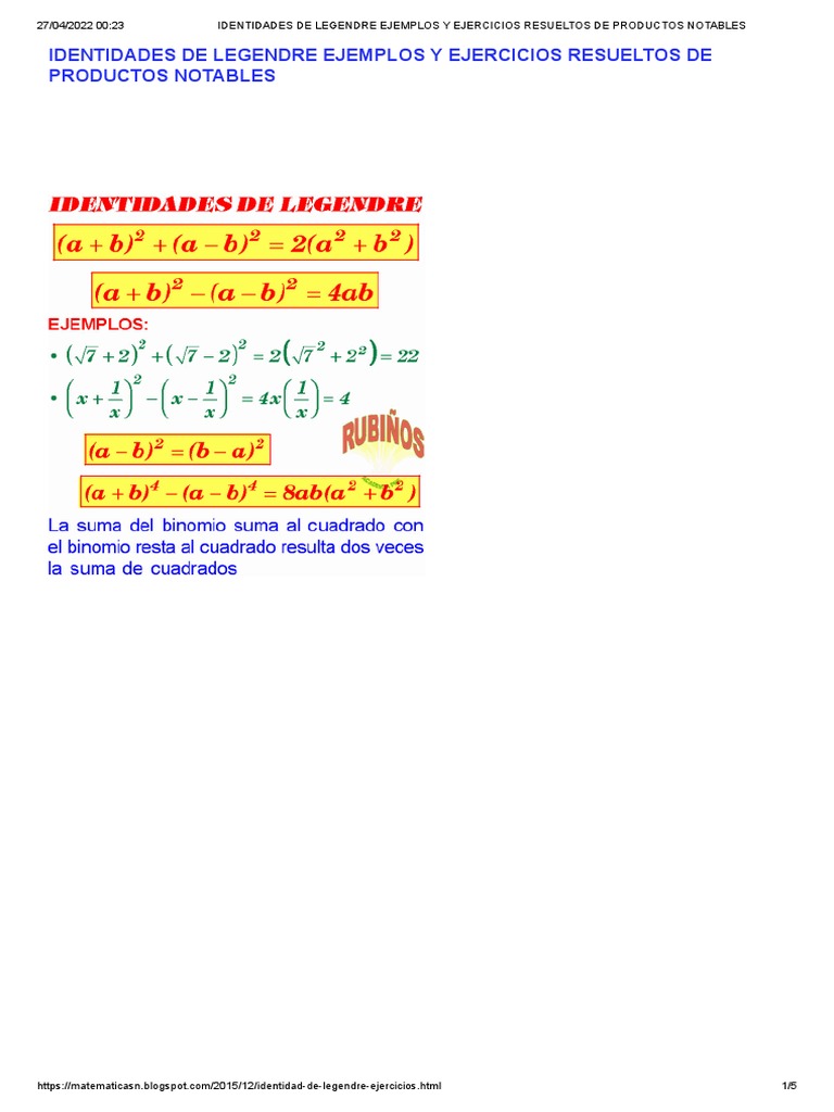 Identidades de Legendre Ejemplos y Ejercicios Resueltos de Productos ...