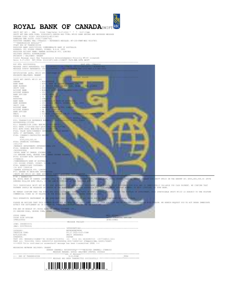 RBC Ci - CWB Au - 500m - mt103 Gpi Semi Automatic - Bank Transmission ...