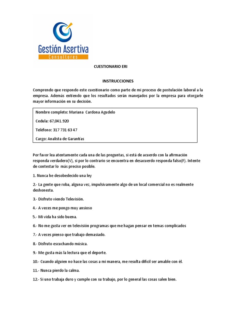 Cuestionario Eri Gestion Asertiva | PDF | Cuestionario