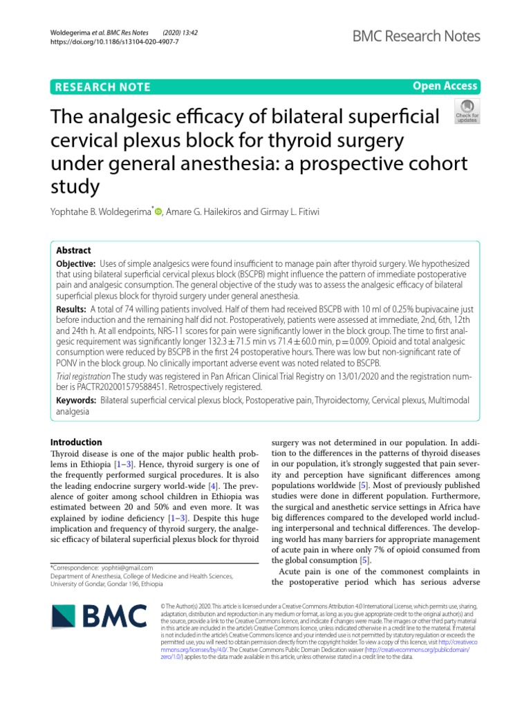 The Analgesic Efcacy of Bilateral Superfcial Cervical Plexus Block For ...