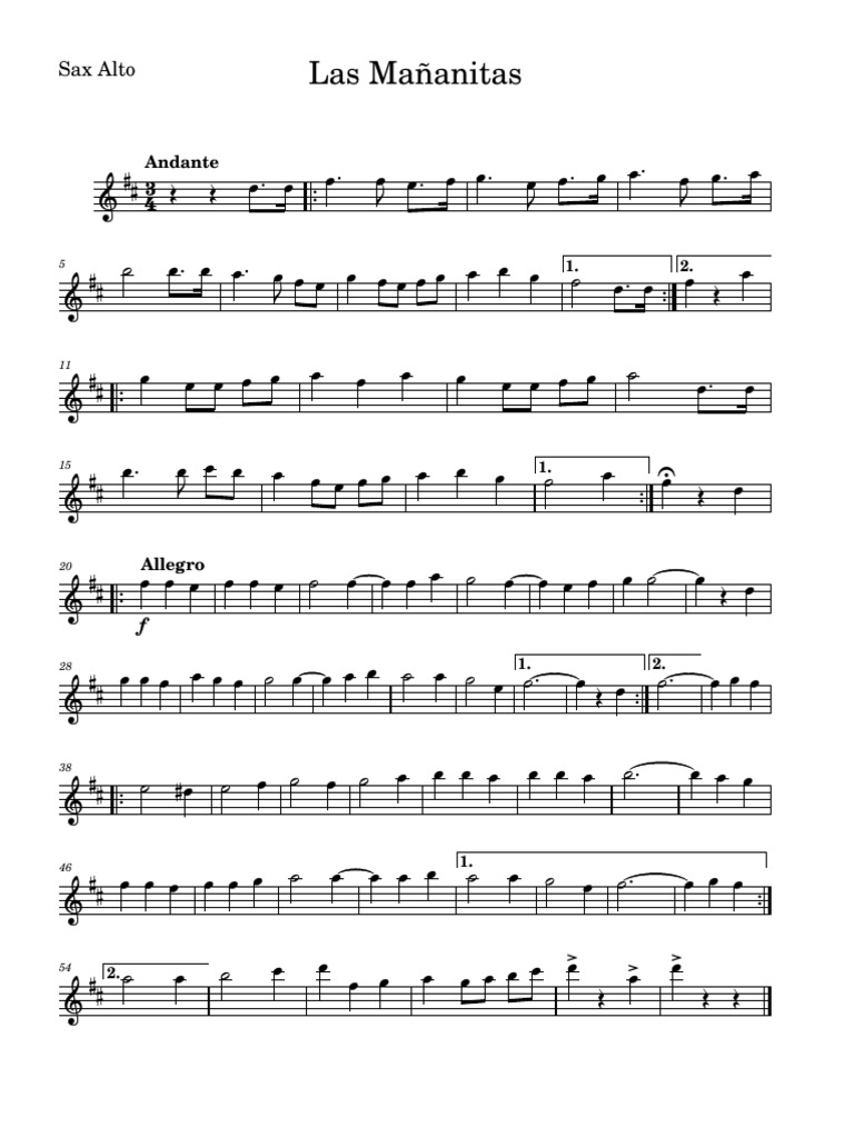 Las Mañanitas Alto Sax Sheet Music | PDF | Musical Forms | Elements Of ...